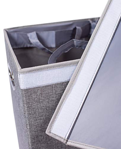 BIRDROCK HOME Premium 2 Section Linen Collapsible Laundry Hamper with 4 Load Capacity | Removable Mesh Bags, Magnetic Lid and Sturdy MDF Board | Stylish Dual Compartment Clothes Hamper | Grey