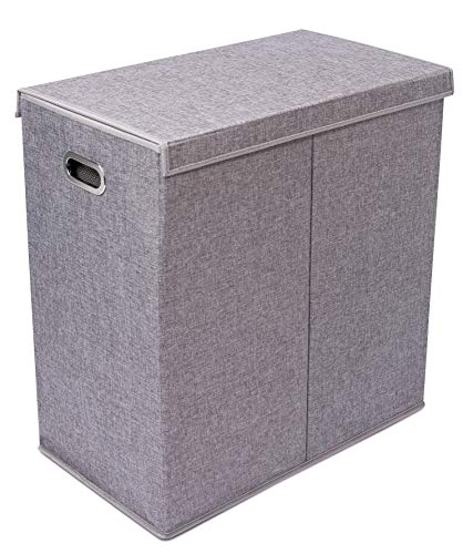 BIRDROCK HOME Premium 2 Section Linen Collapsible Laundry Hamper with 4 Load Capacity | Removable Mesh Bags, Magnetic Lid and Sturdy MDF Board | Stylish Dual Compartment Clothes Hamper | Grey