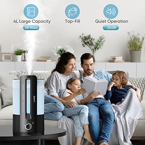 SDHT Humidifiers for Large Room,4L Humidifiers for Bedroom,Top Fill Cool Mist Humidifiers for Baby and Plants,Easy to Clean and Fashion Design,40H,Quiet (Mechanical, Black)