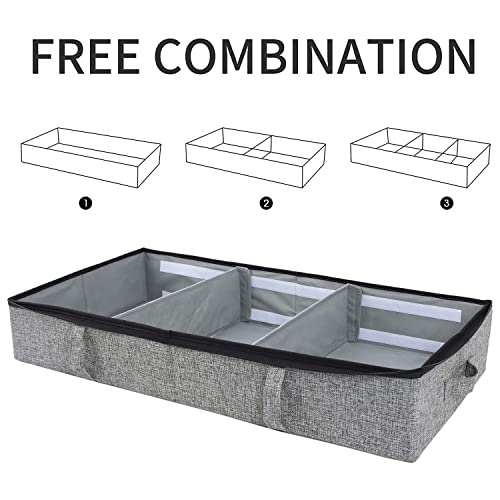 Vailando Under Bed Storage, 2 Pack Under Bed Storage Containers with Dividers, Firm Sides, Strong Zipper, 3 Reinforced Handles, 6 Inches Low Profile Underbed Storage Bins for Clothes, Blankets, Grey