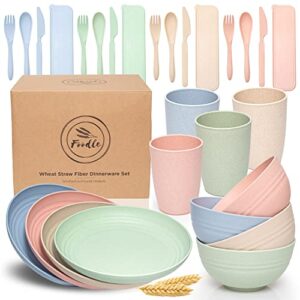 foodle wheat straw dinnerware sets for 4 – lightweight & unbreakable dishes – microwave & dishwasher safe – perfect for camping, picnic, rv, dorm – plates, cups and bowls – great for kids & adults