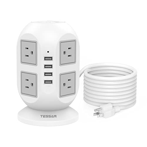 TESSAN Power Strip Tower Long Extension Cord 15 ft, Surge Protector 8 AC Outlets 4 USB Ports, Charging Station Extension Cord with Multiple Outlets for Home, Office, Dorm Room Essentials