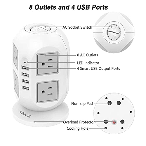 TESSAN Power Strip Tower Long Extension Cord 15 ft, Surge Protector 8 AC Outlets 4 USB Ports, Charging Station Extension Cord with Multiple Outlets for Home, Office, Dorm Room Essentials