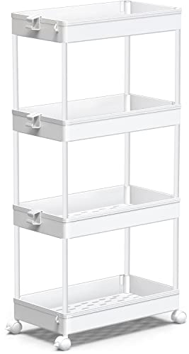 SPACEKEEPER Storage Cart, 4-Tier Mobile Shelving Unit, Bathroom Rolling Cart Utility Storage Organizer Shelf for Kitchen Living Room Bathroom Laundry Room & Dressers, White