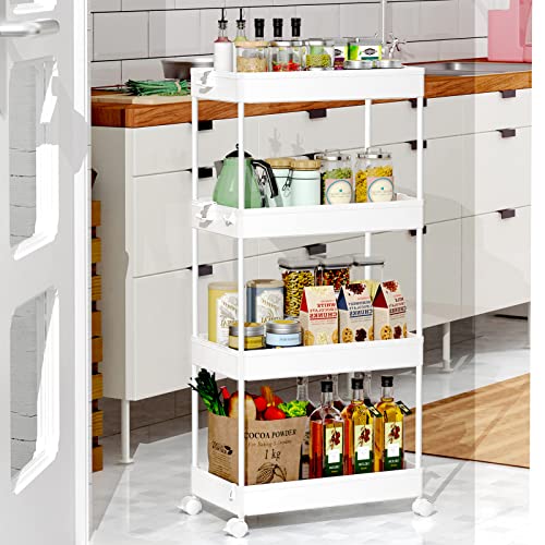 SPACEKEEPER Storage Cart, 4-Tier Mobile Shelving Unit, Bathroom Rolling Cart Utility Storage Organizer Shelf for Kitchen Living Room Bathroom Laundry Room & Dressers, White