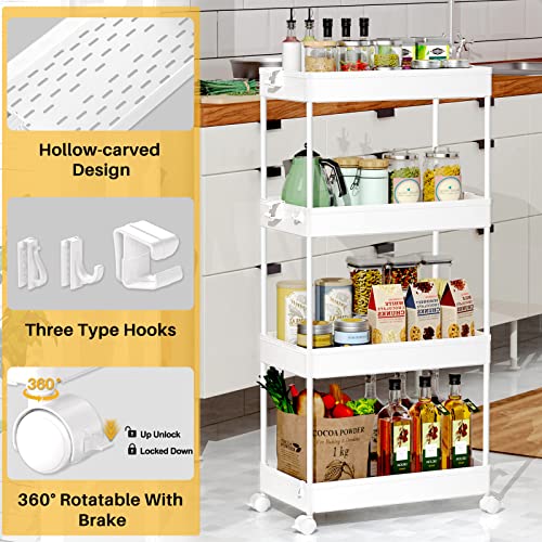 SPACEKEEPER Storage Cart, 4-Tier Mobile Shelving Unit, Bathroom Rolling Cart Utility Storage Organizer Shelf for Kitchen Living Room Bathroom Laundry Room & Dressers, White