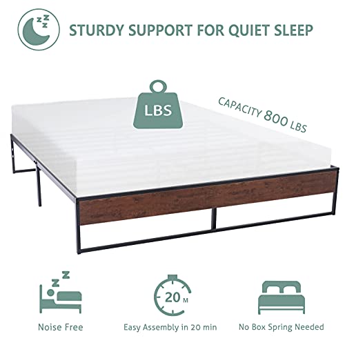 SHA CERLIN 14'' Queen Size Metal Platform Bed Frame with Rustic Wood & Reverse Holes/Ample Under-Bed Storage Space/Mattress Foundation/No Box Spring Needed/Easy Assembly/Noise Free