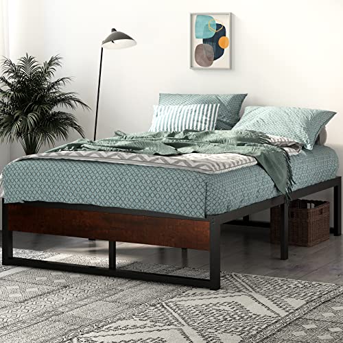 SHA CERLIN 14'' Queen Size Metal Platform Bed Frame with Rustic Wood & Reverse Holes/Ample Under-Bed Storage Space/Mattress Foundation/No Box Spring Needed/Easy Assembly/Noise Free