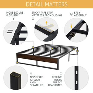 SHA CERLIN 14'' Queen Size Metal Platform Bed Frame with Rustic Wood & Reverse Holes/Ample Under-Bed Storage Space/Mattress Foundation/No Box Spring Needed/Easy Assembly/Noise Free