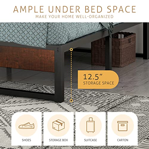 SHA CERLIN 14'' Queen Size Metal Platform Bed Frame with Rustic Wood & Reverse Holes/Ample Under-Bed Storage Space/Mattress Foundation/No Box Spring Needed/Easy Assembly/Noise Free