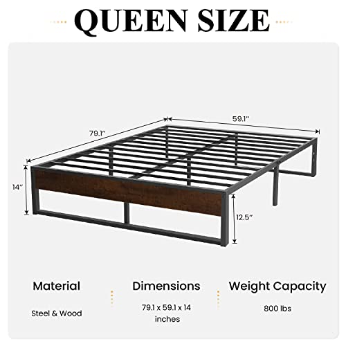 SHA CERLIN 14'' Queen Size Metal Platform Bed Frame with Rustic Wood & Reverse Holes/Ample Under-Bed Storage Space/Mattress Foundation/No Box Spring Needed/Easy Assembly/Noise Free