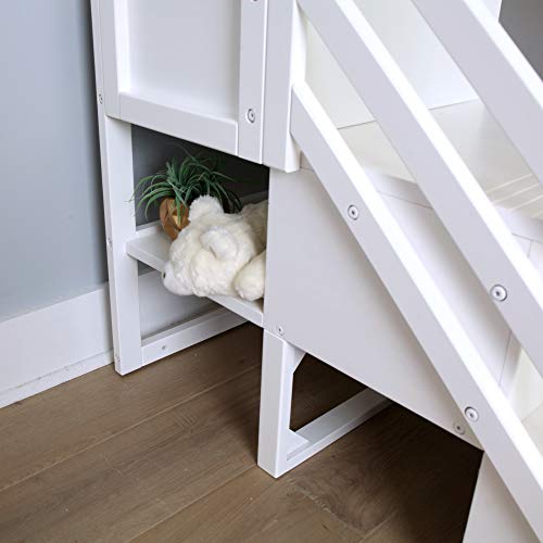 Max & Lily Low Bunk Bed, Twin-Over-Twin Bed Frame For Kids With Stairs, White