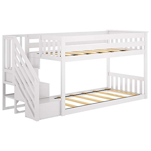 Max & Lily Low Bunk Bed, Twin-Over-Twin Bed Frame For Kids With Stairs, White