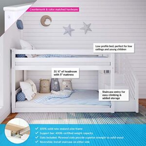 Max & Lily Low Bunk Bed, Twin-Over-Twin Bed Frame For Kids With Stairs, White