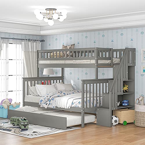 Harper & Bright Designs Twin Over Full Bunk Beds with Trundle , Bunk Beds with Stairs and Storage Shelf ,Wood Bunk Beds with Full-Length Guard Rail for Kids , Gray