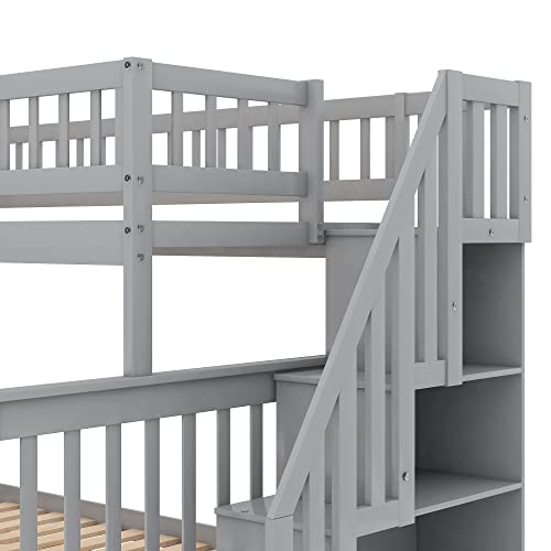 Harper & Bright Designs Twin Over Full Bunk Beds with Trundle , Bunk Beds with Stairs and Storage Shelf ,Wood Bunk Beds with Full-Length Guard Rail for Kids , Gray