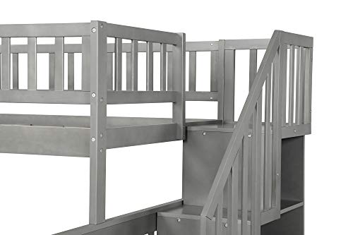 Harper & Bright Designs Twin Over Full Bunk Beds with Trundle , Bunk Beds with Stairs and Storage Shelf ,Wood Bunk Beds with Full-Length Guard Rail for Kids , Gray