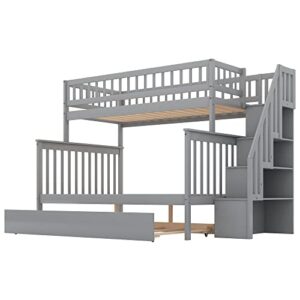 Harper & Bright Designs Twin Over Full Bunk Beds with Trundle , Bunk Beds with Stairs and Storage Shelf ,Wood Bunk Beds with Full-Length Guard Rail for Kids , Gray