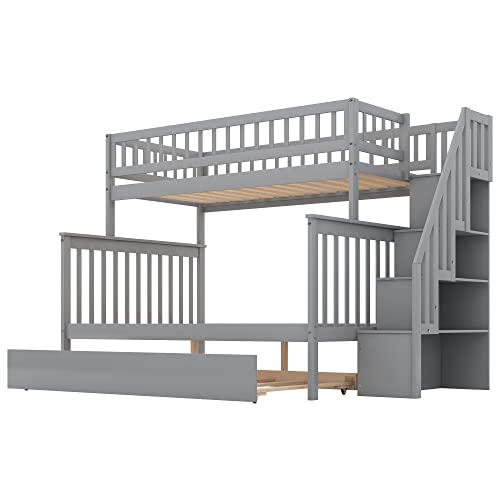 Harper & Bright Designs Twin Over Full Bunk Beds with Trundle , Bunk Beds with Stairs and Storage Shelf ,Wood Bunk Beds with Full-Length Guard Rail for Kids , Gray