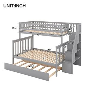 Harper & Bright Designs Twin Over Full Bunk Beds with Trundle , Bunk Beds with Stairs and Storage Shelf ,Wood Bunk Beds with Full-Length Guard Rail for Kids , Gray