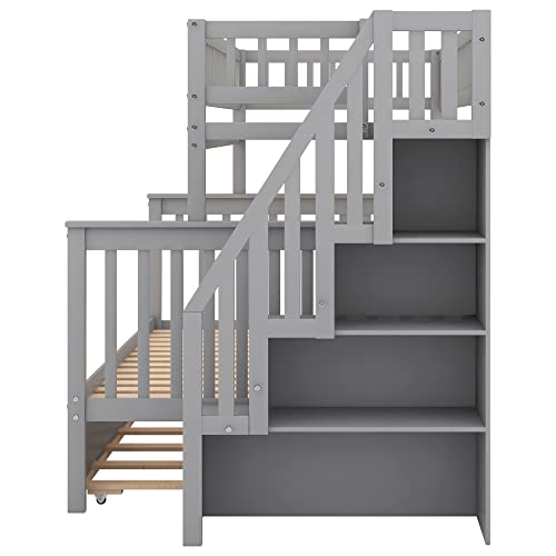 Harper & Bright Designs Twin Over Full Bunk Beds with Trundle , Bunk Beds with Stairs and Storage Shelf ,Wood Bunk Beds with Full-Length Guard Rail for Kids , Gray