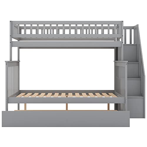 Harper & Bright Designs Twin Over Full Bunk Beds with Trundle , Bunk Beds with Stairs and Storage Shelf ,Wood Bunk Beds with Full-Length Guard Rail for Kids , Gray