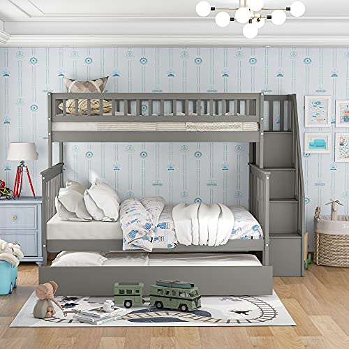 Harper & Bright Designs Twin Over Full Bunk Beds with Trundle , Bunk Beds with Stairs and Storage Shelf ,Wood Bunk Beds with Full-Length Guard Rail for Kids , Gray