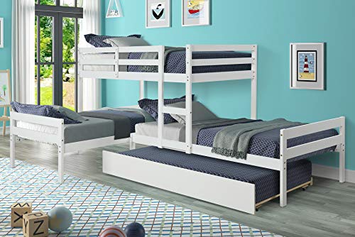 Hanway L-Shaped Bunk Bed with Trundle – Solid Pine Wood Material –– Easy to Assemble Plan Providing Unique Bedroom Setting for Small Living Spaces – Trendy Design Combined with a White Paint Coating