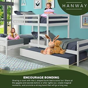 Hanway L-Shaped Bunk Bed with Trundle – Solid Pine Wood Material –– Easy to Assemble Plan Providing Unique Bedroom Setting for Small Living Spaces – Trendy Design Combined with a White Paint Coating