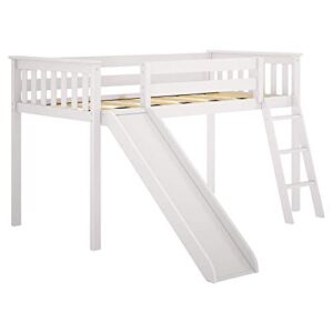 Max & Lily Low Loft Bed, Twin Bed Frame For Kids With Slide, White