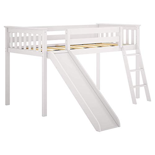 Max & Lily Low Loft Bed, Twin Bed Frame For Kids With Slide, White