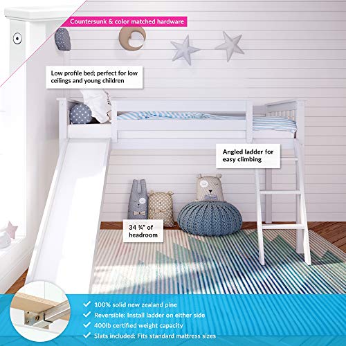 Max & Lily Low Loft Bed, Twin Bed Frame For Kids With Slide, White