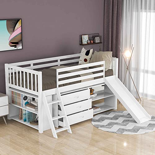 ATY Wooden Twin Size Low Loft Bed, Bedroom Bunkbed Frame with Attached Bookcases & Separate 3-Tier Drawers, Convertible Ladder and Slide, Home Furniture for Saving Space, White