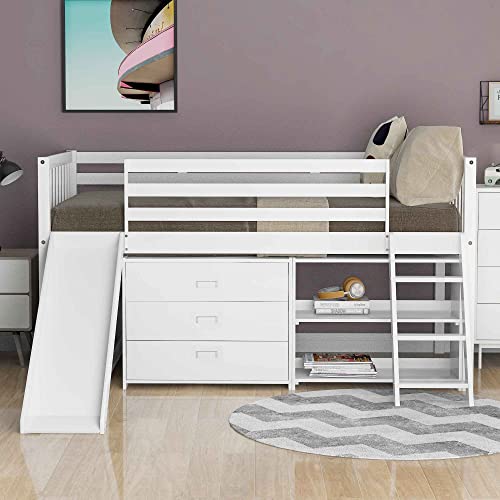 ATY Wooden Twin Size Low Loft Bed, Bedroom Bunkbed Frame with Attached Bookcases & Separate 3-Tier Drawers, Convertible Ladder and Slide, Home Furniture for Saving Space, White