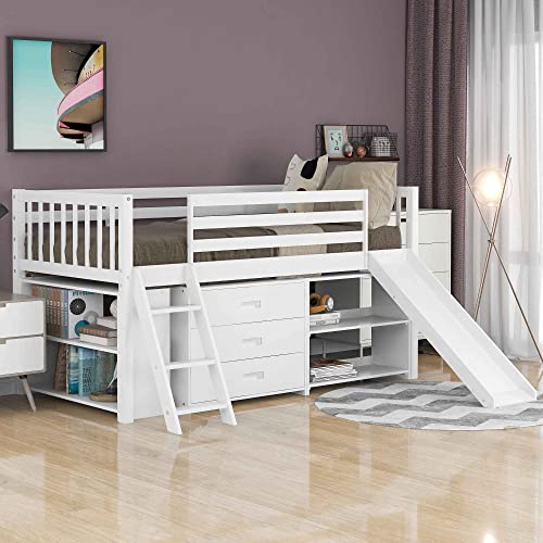 ATY Wooden Twin Size Low Loft Bed, Bedroom Bunkbed Frame with Attached Bookcases & Separate 3-Tier Drawers, Convertible Ladder and Slide, Home Furniture for Saving Space, White