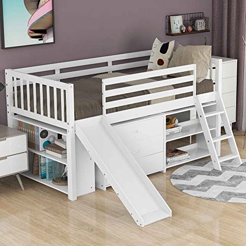 ATY Wooden Twin Size Low Loft Bed, Bedroom Bunkbed Frame with Attached Bookcases & Separate 3-Tier Drawers, Convertible Ladder and Slide, Home Furniture for Saving Space, White