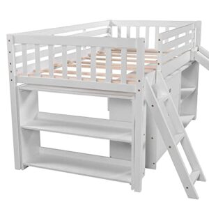 ATY Wooden Twin Size Low Loft Bed, Bedroom Bunkbed Frame with Attached Bookcases & Separate 3-Tier Drawers, Convertible Ladder and Slide, Home Furniture for Saving Space, White