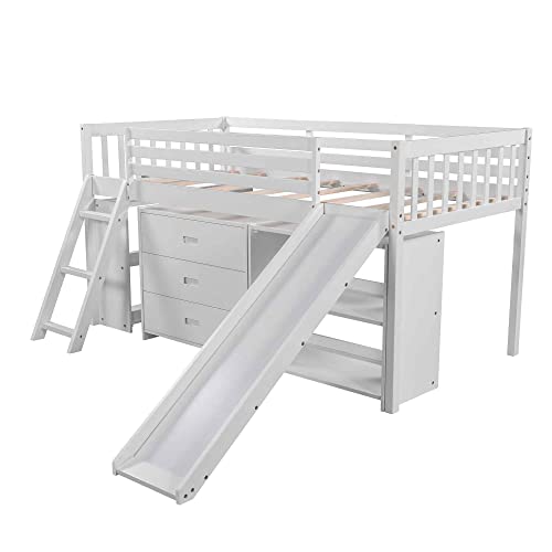 ATY Wooden Twin Size Low Loft Bed, Bedroom Bunkbed Frame with Attached Bookcases & Separate 3-Tier Drawers, Convertible Ladder and Slide, Home Furniture for Saving Space, White