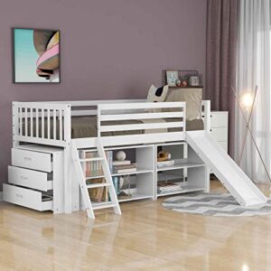 ATY Wooden Twin Size Low Loft Bed, Bedroom Bunkbed Frame with Attached Bookcases & Separate 3-Tier Drawers, Convertible Ladder and Slide, Home Furniture for Saving Space, White