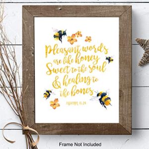 Honey Bee Decor - Bee Wall Decor - Bee Wall Art - Inspirational Religious Wall Decor - Proverbs Bible Study - Christian Gifts for Women - Bible Verses Wall Decor - Spiritual Holy Scriptures Wall Art