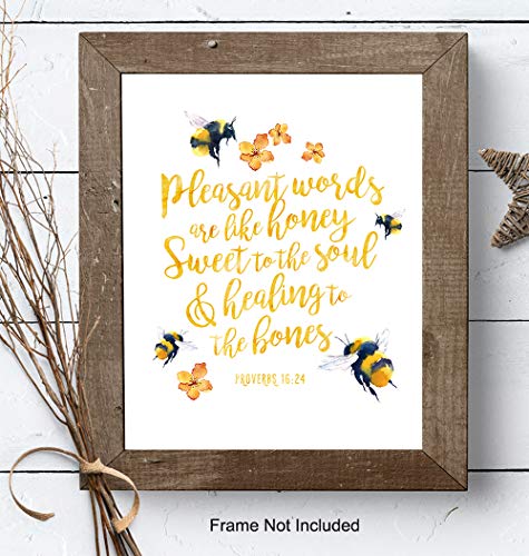 Honey Bee Decor - Bee Wall Decor - Bee Wall Art - Inspirational Religious Wall Decor - Proverbs Bible Study - Christian Gifts for Women - Bible Verses Wall Decor - Spiritual Holy Scriptures Wall Art