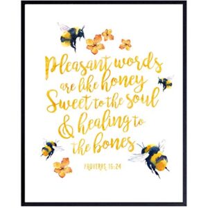 Honey Bee Decor - Bee Wall Decor - Bee Wall Art - Inspirational Religious Wall Decor - Proverbs Bible Study - Christian Gifts for Women - Bible Verses Wall Decor - Spiritual Holy Scriptures Wall Art