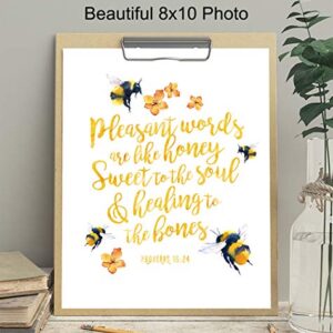 Honey Bee Decor - Bee Wall Decor - Bee Wall Art - Inspirational Religious Wall Decor - Proverbs Bible Study - Christian Gifts for Women - Bible Verses Wall Decor - Spiritual Holy Scriptures Wall Art