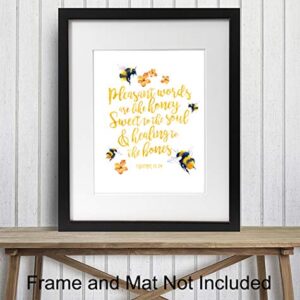 Honey Bee Decor - Bee Wall Decor - Bee Wall Art - Inspirational Religious Wall Decor - Proverbs Bible Study - Christian Gifts for Women - Bible Verses Wall Decor - Spiritual Holy Scriptures Wall Art