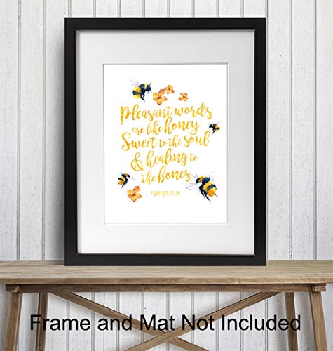 Honey Bee Decor - Bee Wall Decor - Bee Wall Art - Inspirational Religious Wall Decor - Proverbs Bible Study - Christian Gifts for Women - Bible Verses Wall Decor - Spiritual Holy Scriptures Wall Art