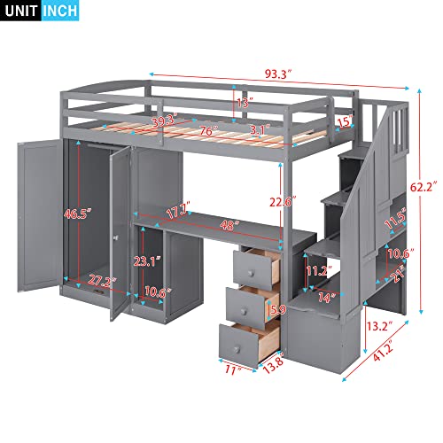 Harper & Bright Designs Twin Size Loft Bed with Stairs and Wardrobe, Solid Wood Loft Bed with Desk and Storage Drawers, Cabinet, for Kids Teens Adults (Gray)