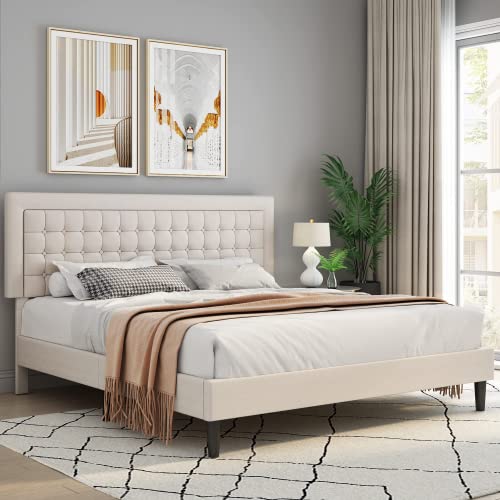 HIFIT Queen Bed Frame, Button Tufted Upholstered Platform with Adjustable Headboard, Mattress Foundation with Sturdy Frame, No Box Spring Needed, Easy Assembly, Beige