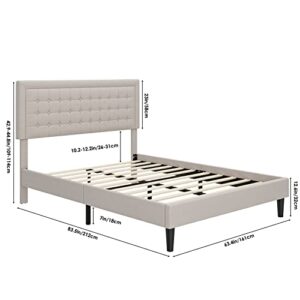 HIFIT Queen Bed Frame, Button Tufted Upholstered Platform with Adjustable Headboard, Mattress Foundation with Sturdy Frame, No Box Spring Needed, Easy Assembly, Beige