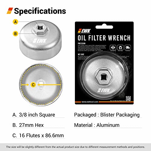 EWK 86mm 16 Flutes Forged Oil Filter Wrench for BMW Cartridge Style Oil Filter Housing Cap