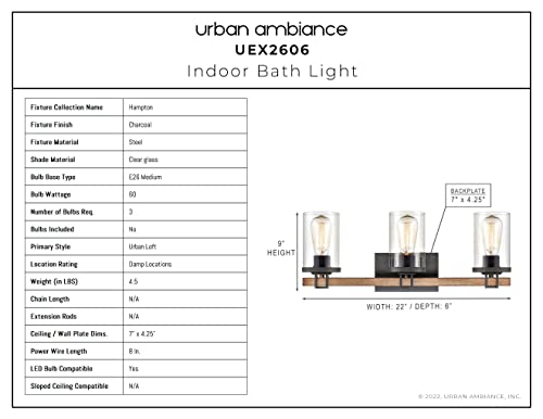 Luxury Urban Loft Bath Light, Medium Size: 9''H x 22''W, with Modern Farmhouse Style Elements, Charcoal Finish, UEX2606 from The Hampton Collection by Urban Ambiance